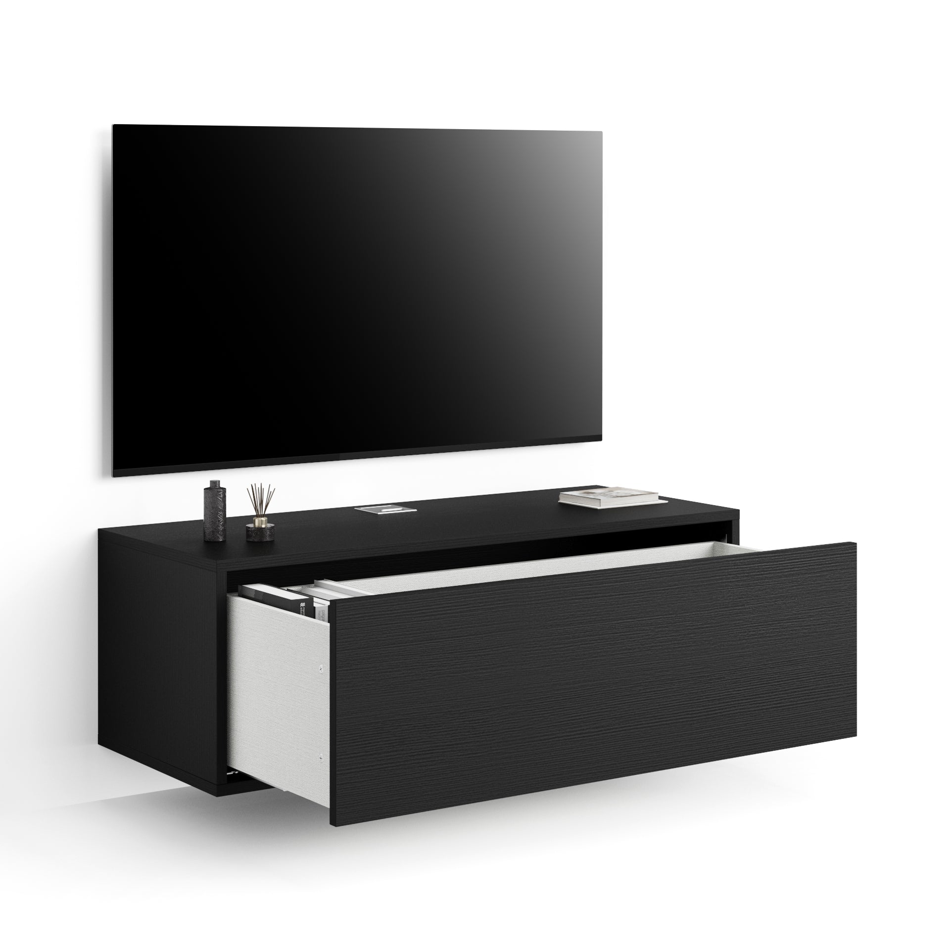 Mueble TV suspendido Iacopo con cajón, color madera negra