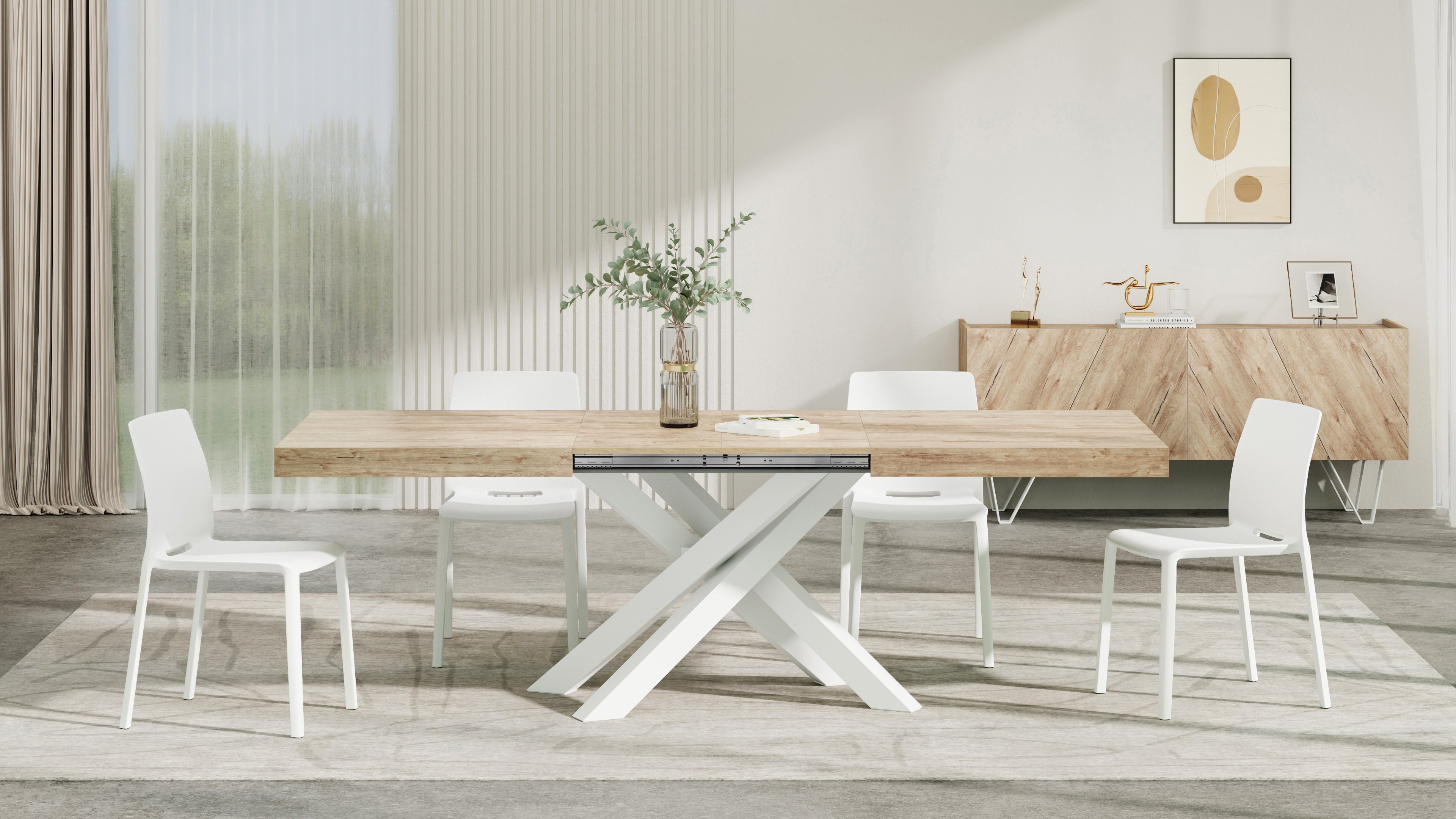 Emma 160(240)x90 cm Extendable Table, Oak with White Crossed Legs