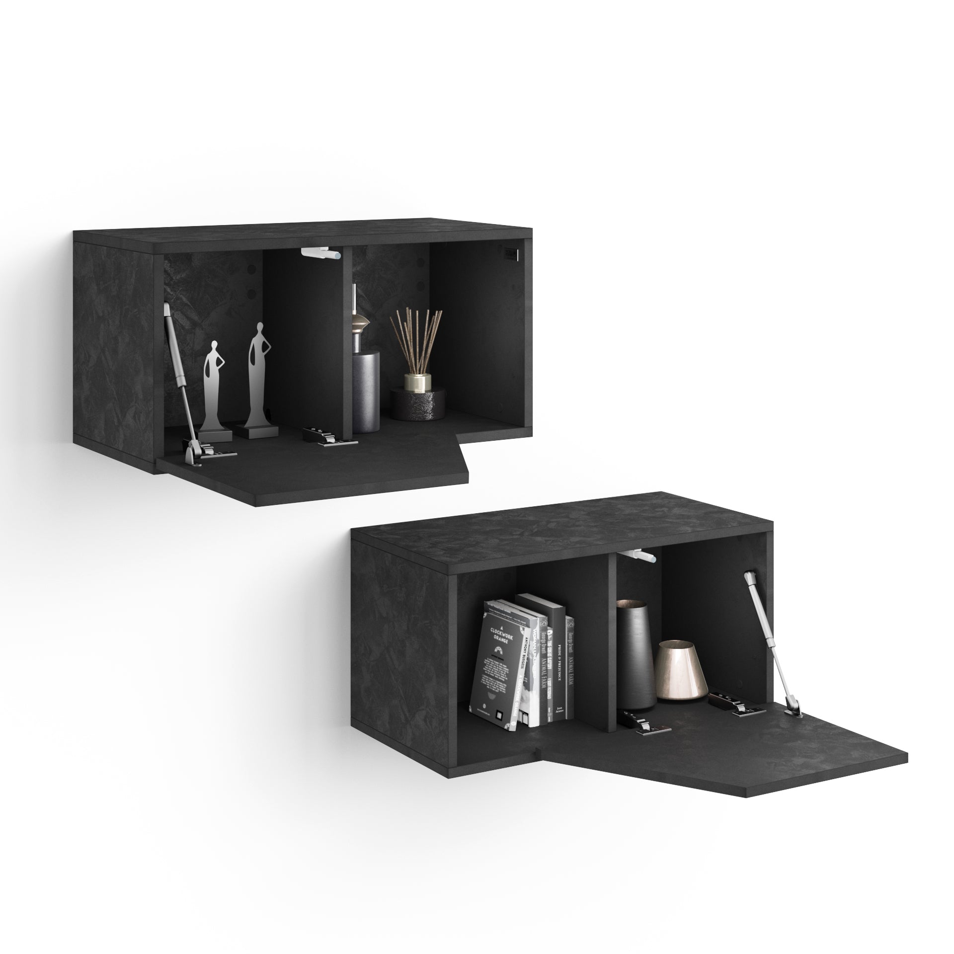 Set of 2 Emma Wall Units 70 with flap door, Concrete Effect, Black