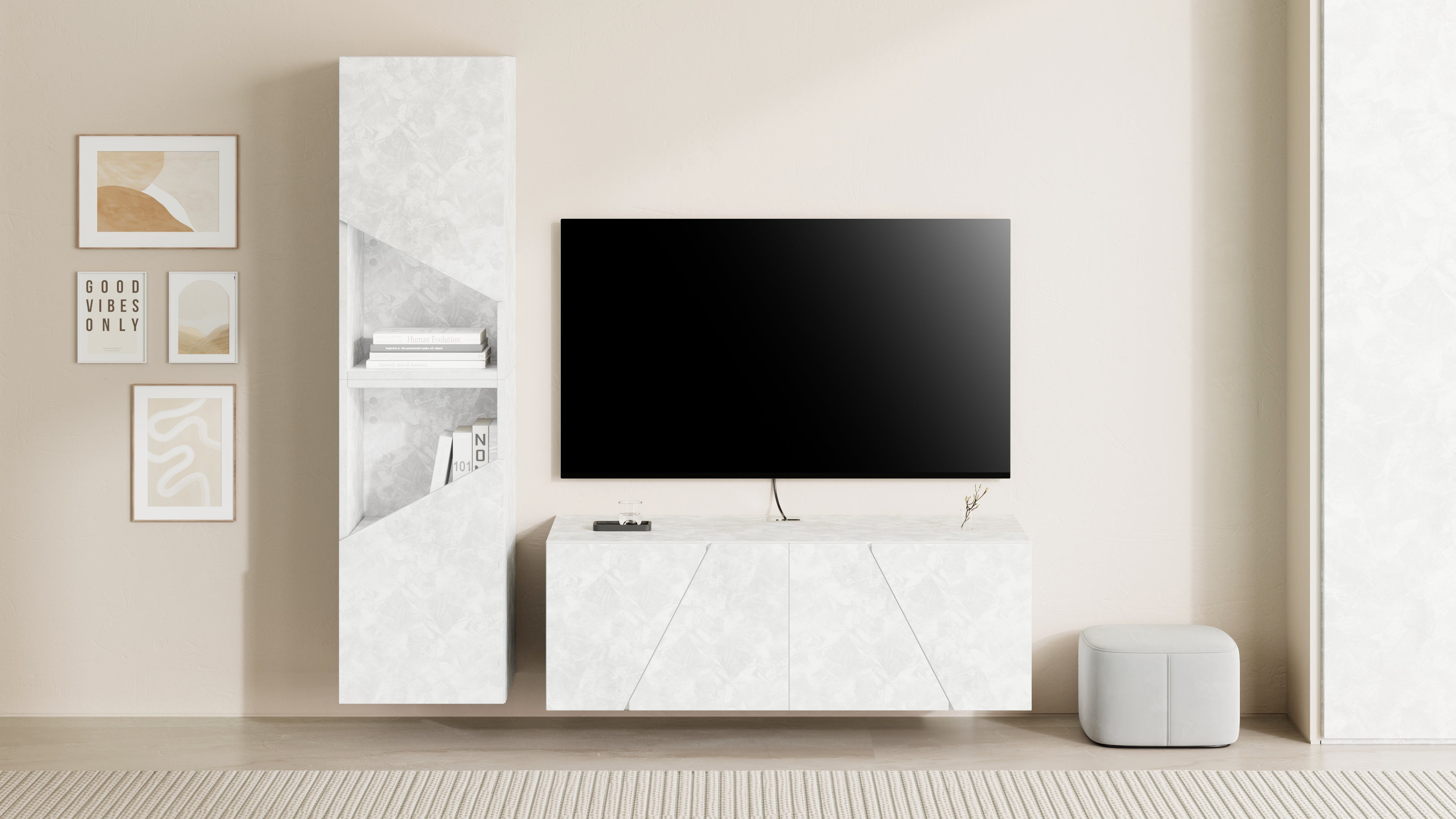 Emma Wall TV Unit with Door, Concrete Effect, White