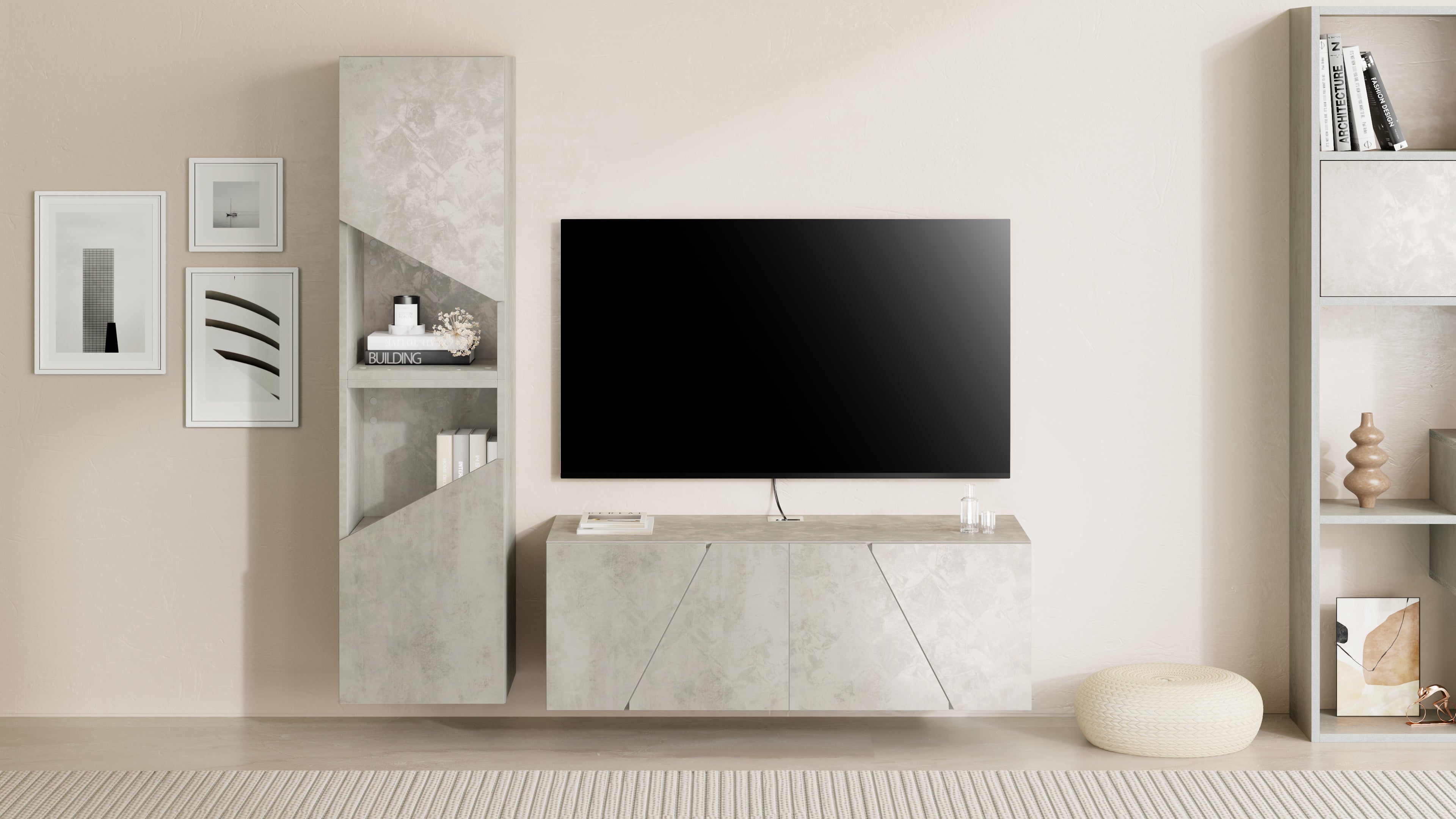 Emma Wall TV Unit with Door, Concrete Effect, Grey