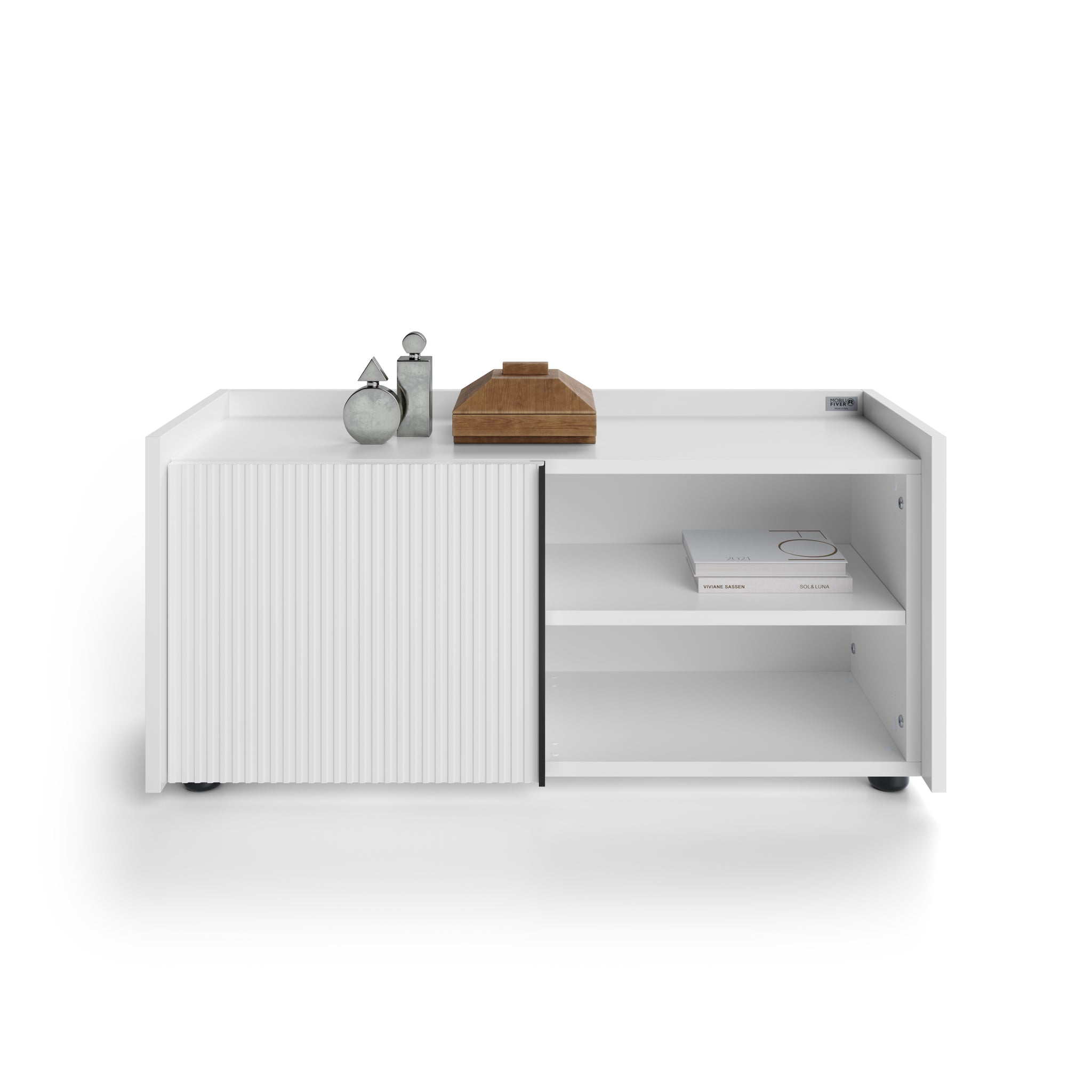 Buffet bas cannelé Romina (93,6x36x44 cm), 1 Porte, Blanc Mat