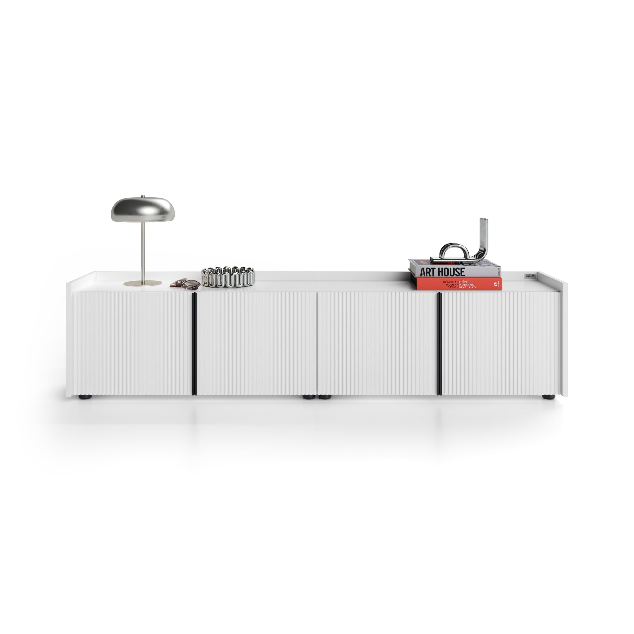 Mobile Basso Cannettato Romina (183,6x36x44 cm), 4 Ante, Bianco