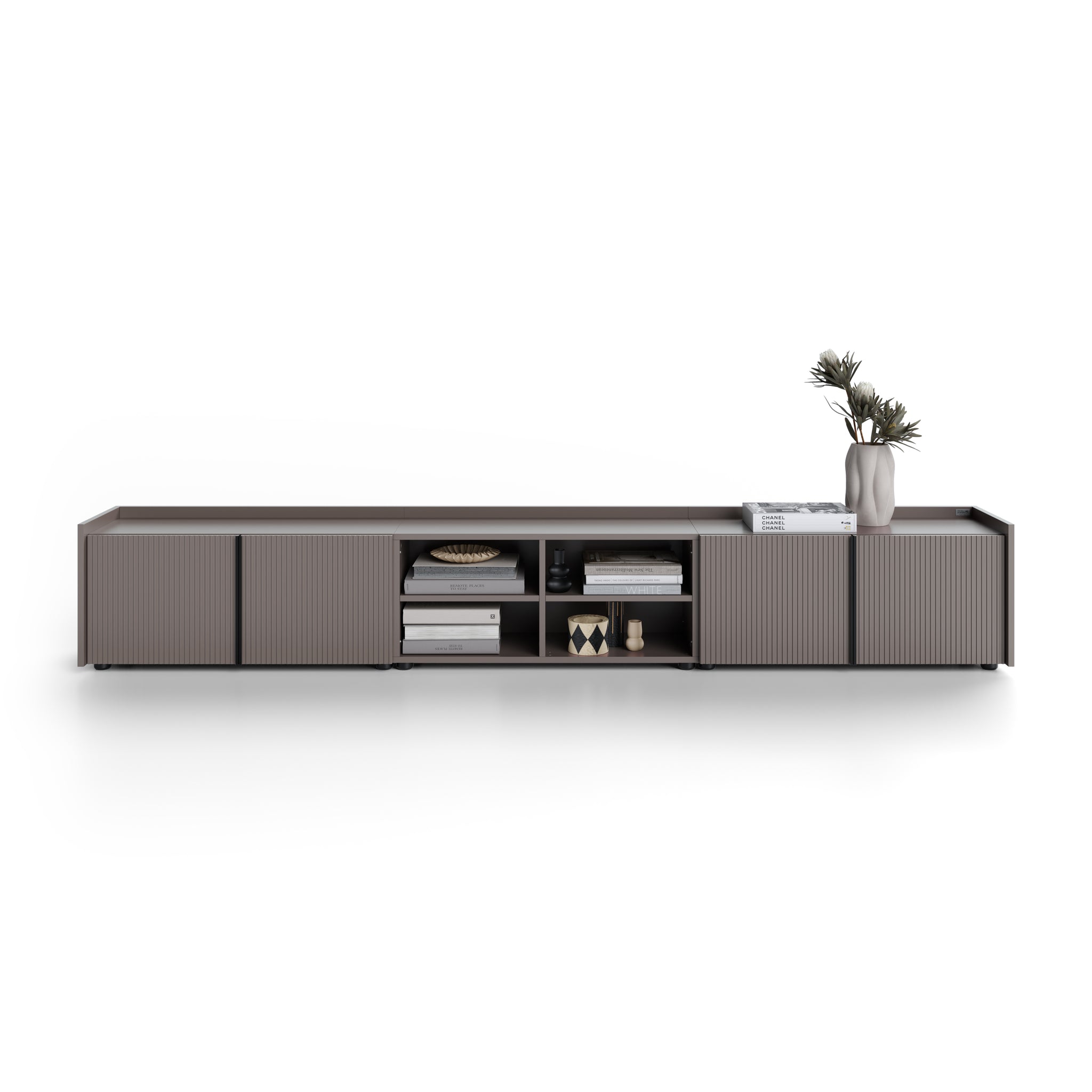 Mobile Basso Cannettato Romina (273,6x36x44 cm), 4 Ante, Grigio Cobalto