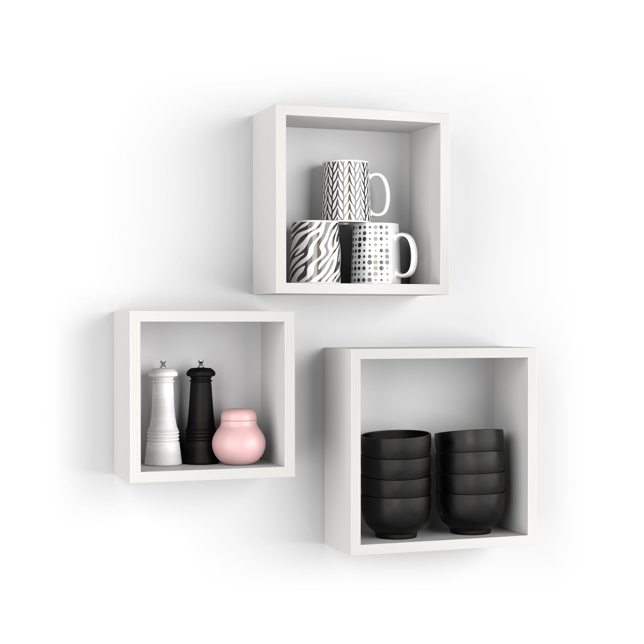 Lot de 3 cubes muraux carrés, Giuditta, Frêne blanc