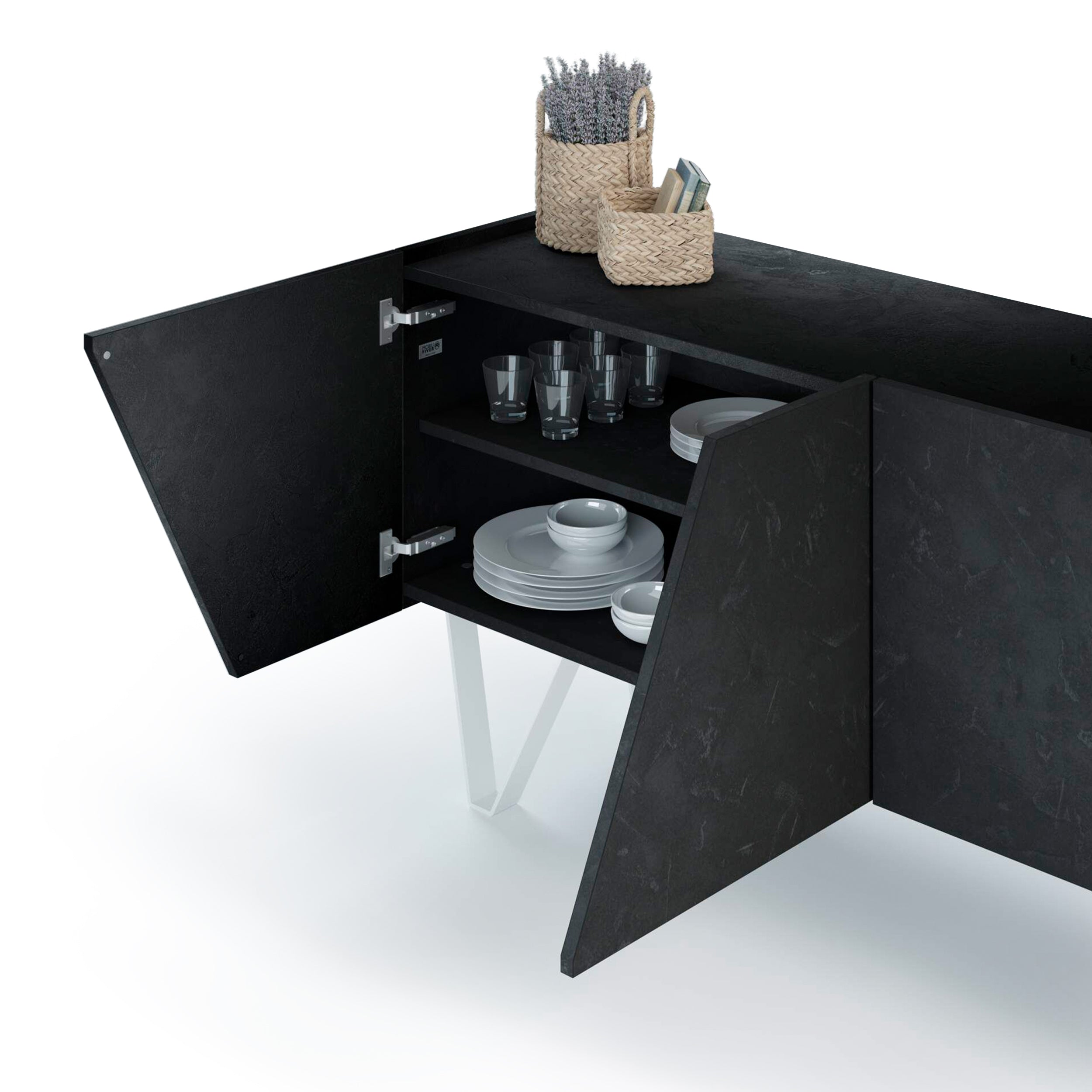 Madia-Buffet 4 ante Emma con gambe bianche, Nero Cemento
