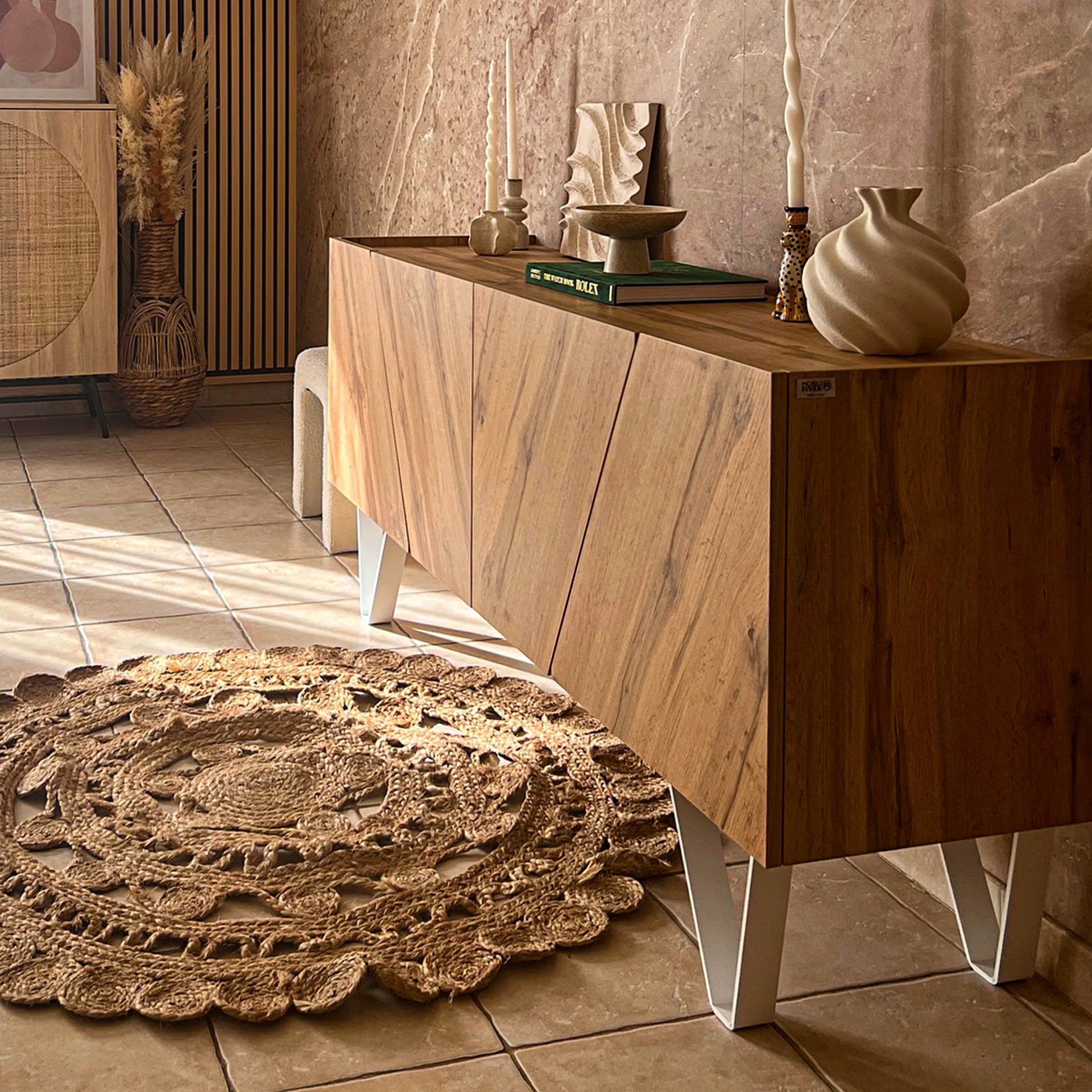 Madia-Buffet 4 ante Emma con gambe bianche, Rovere Rustico