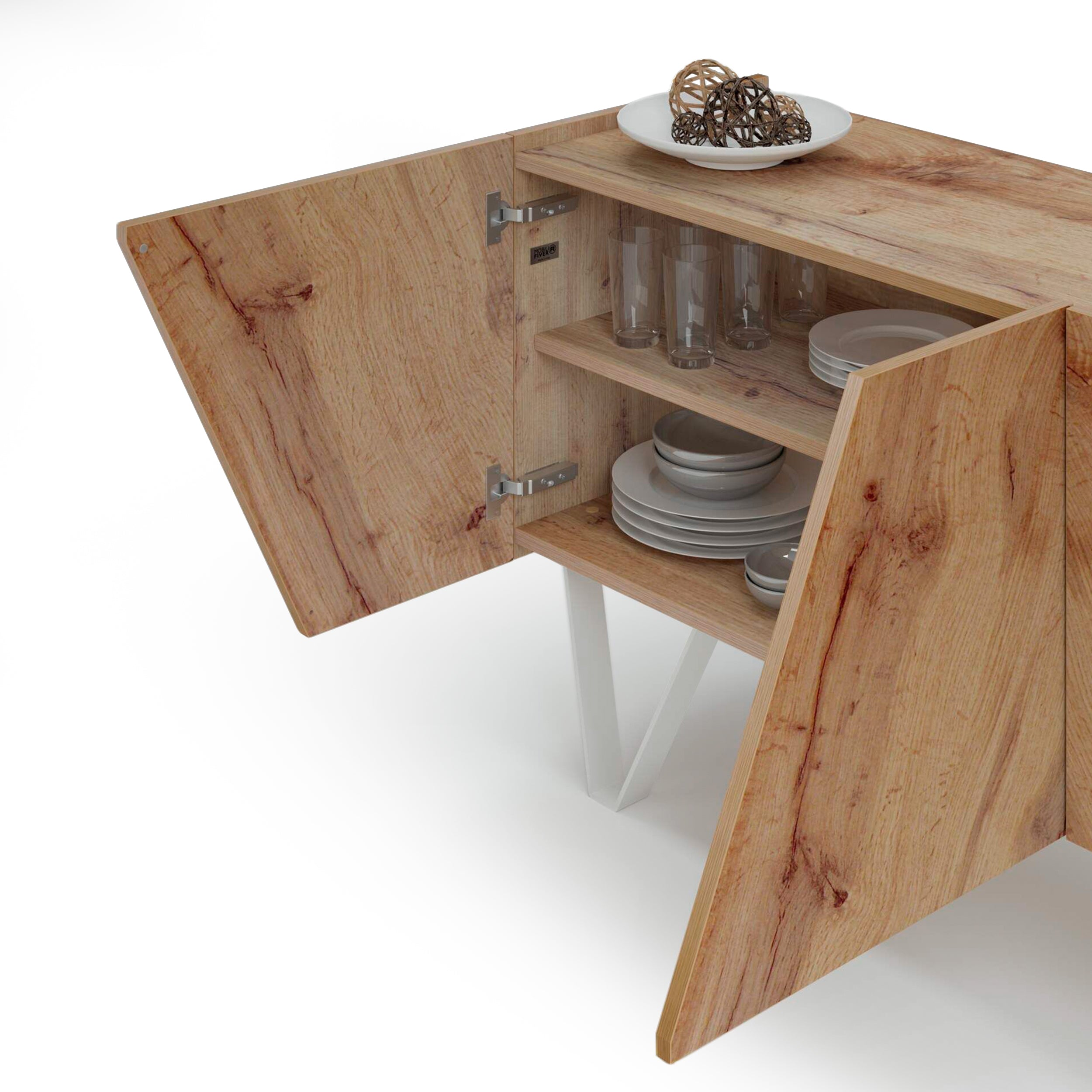 Dressoir-Buffet 4 deuren Emma met witte poten, Rustiek Eiken