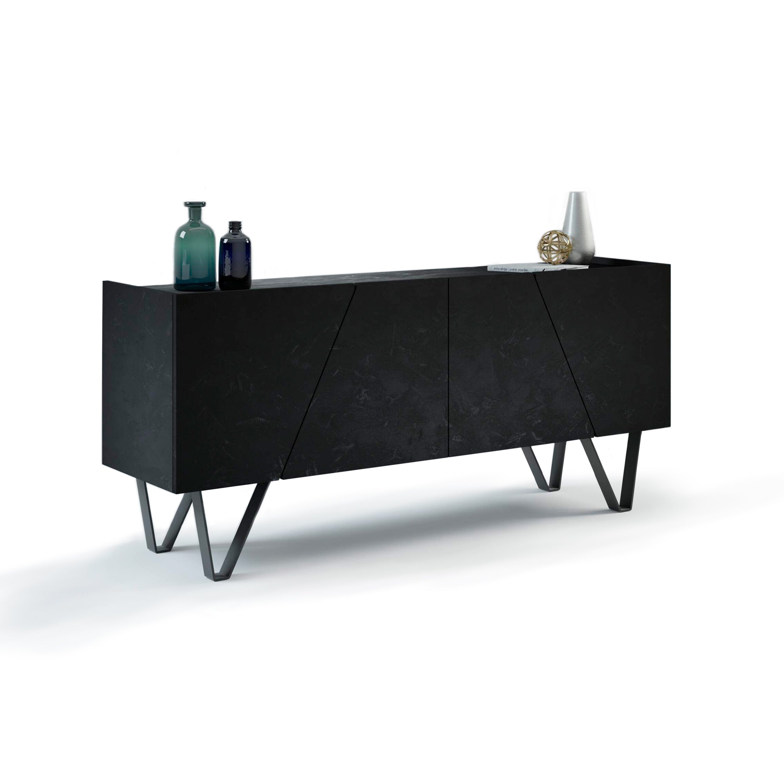 Buffet 4 portes Emma, béton noir, avec pieds noirs
