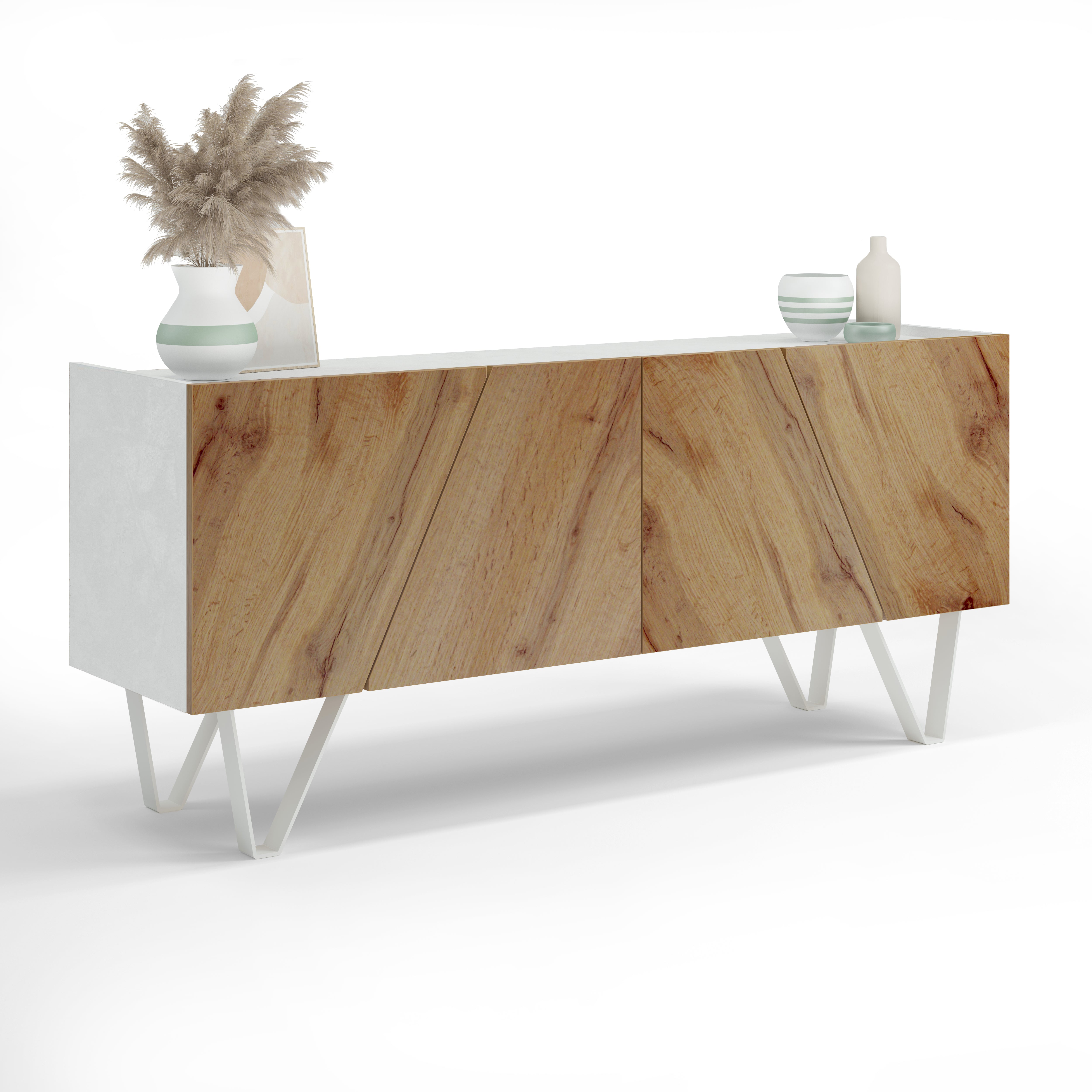 Madia-Buffet 4 ante Emma con gambe bianche, Rovere Rustico e Bianco Cemento