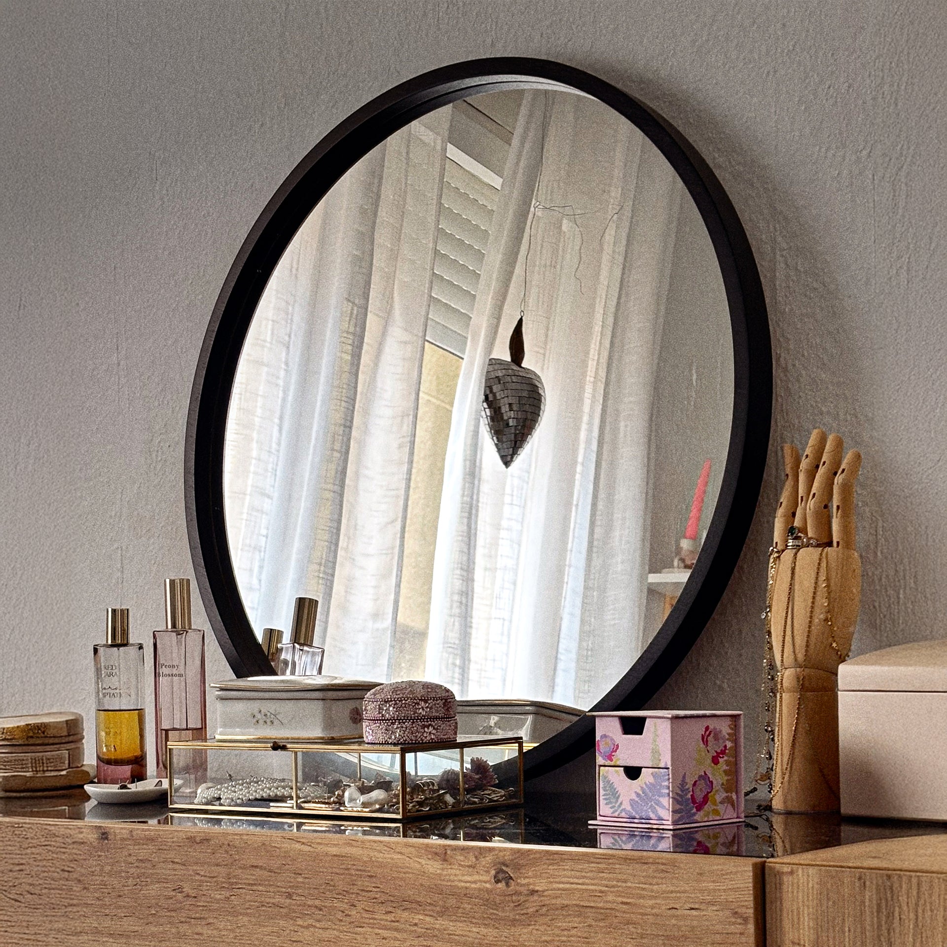 Espejo redondo Olivia, diámetro 82 cm, color Madera negra