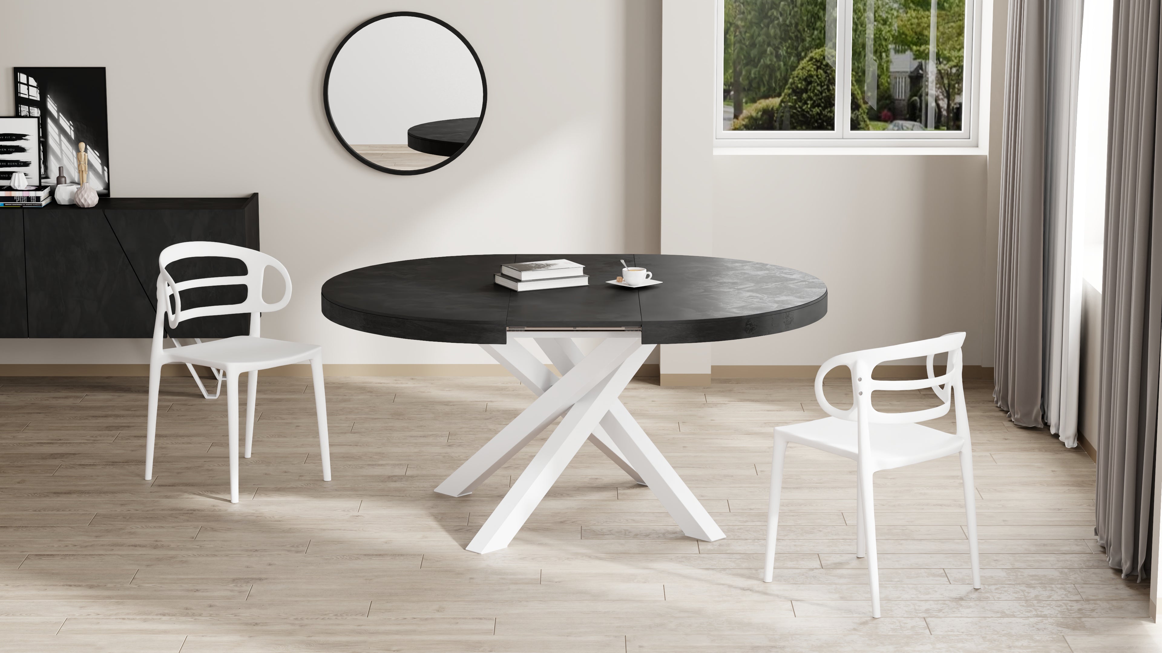Madia-Buffet 4 ante Emma con gambe bianche, Nero Cemento