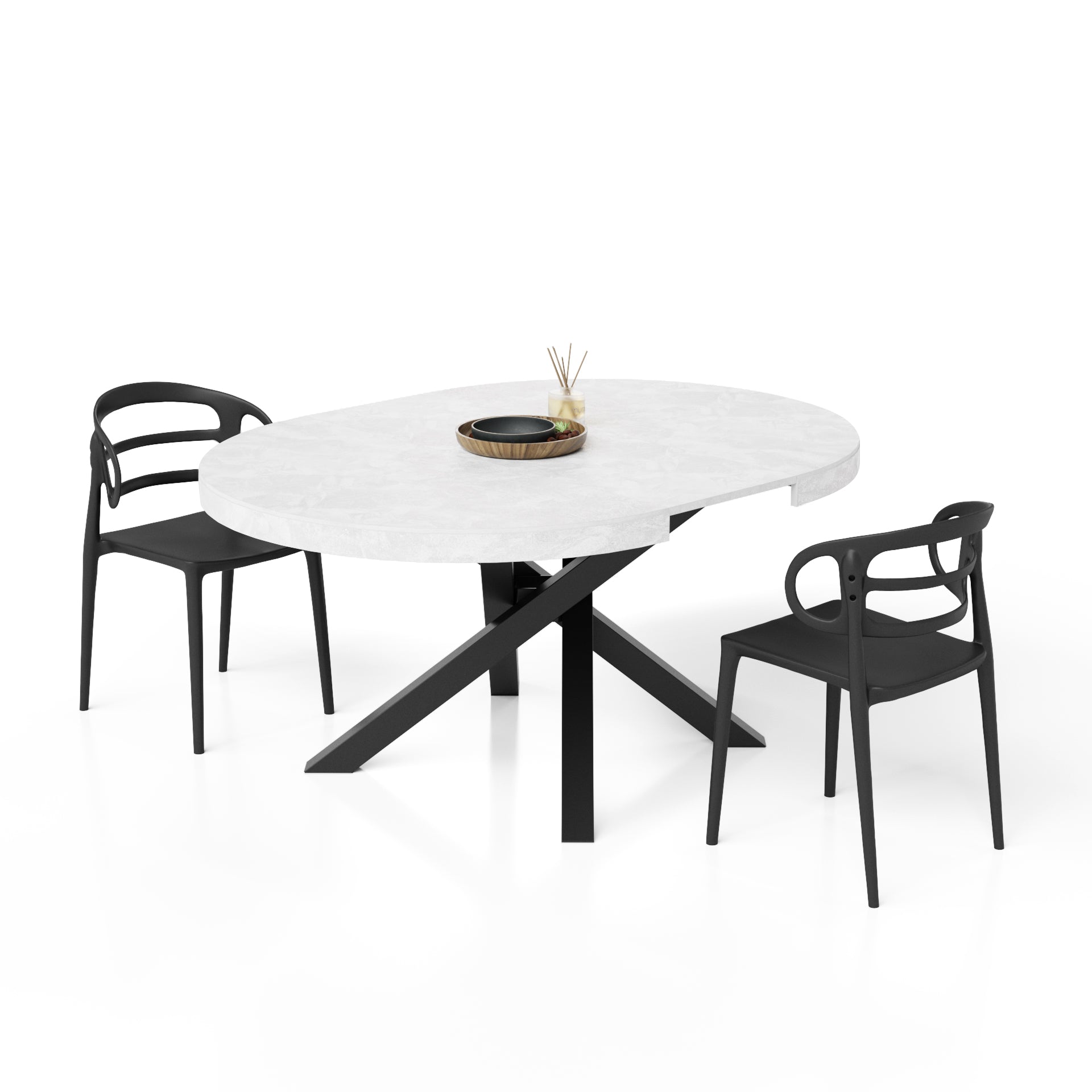 Table ronde extensible Emma, 120-160 cm, Blanc Béton avec pieds noirs ...