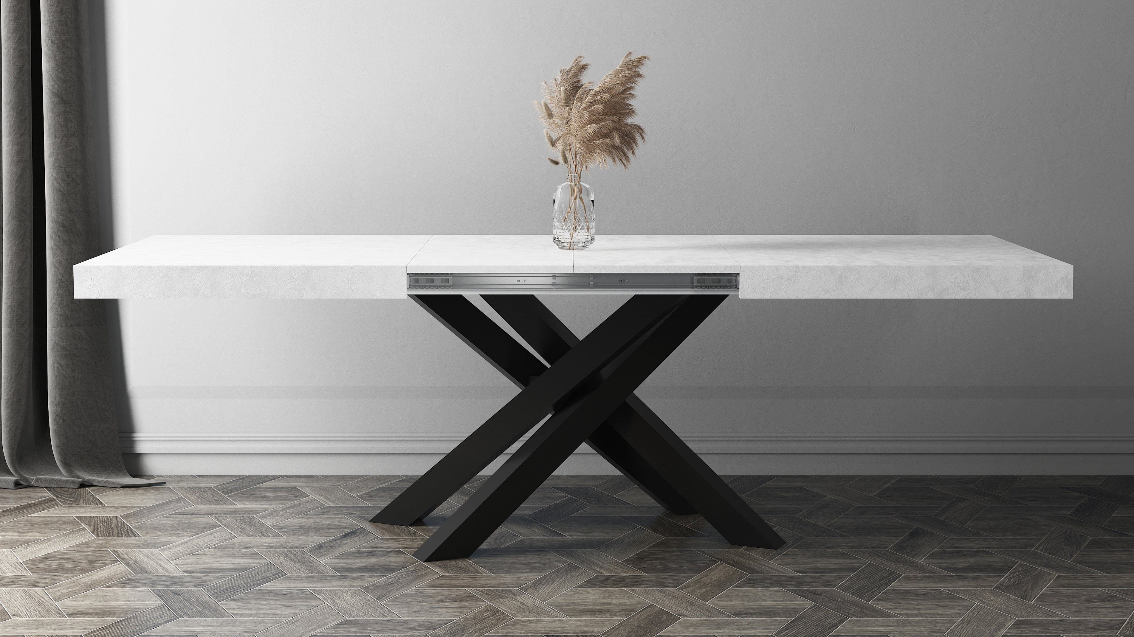 Emma 55.11(86.6)x35.4 in Extendable Table, Concrete Effect, White with ...