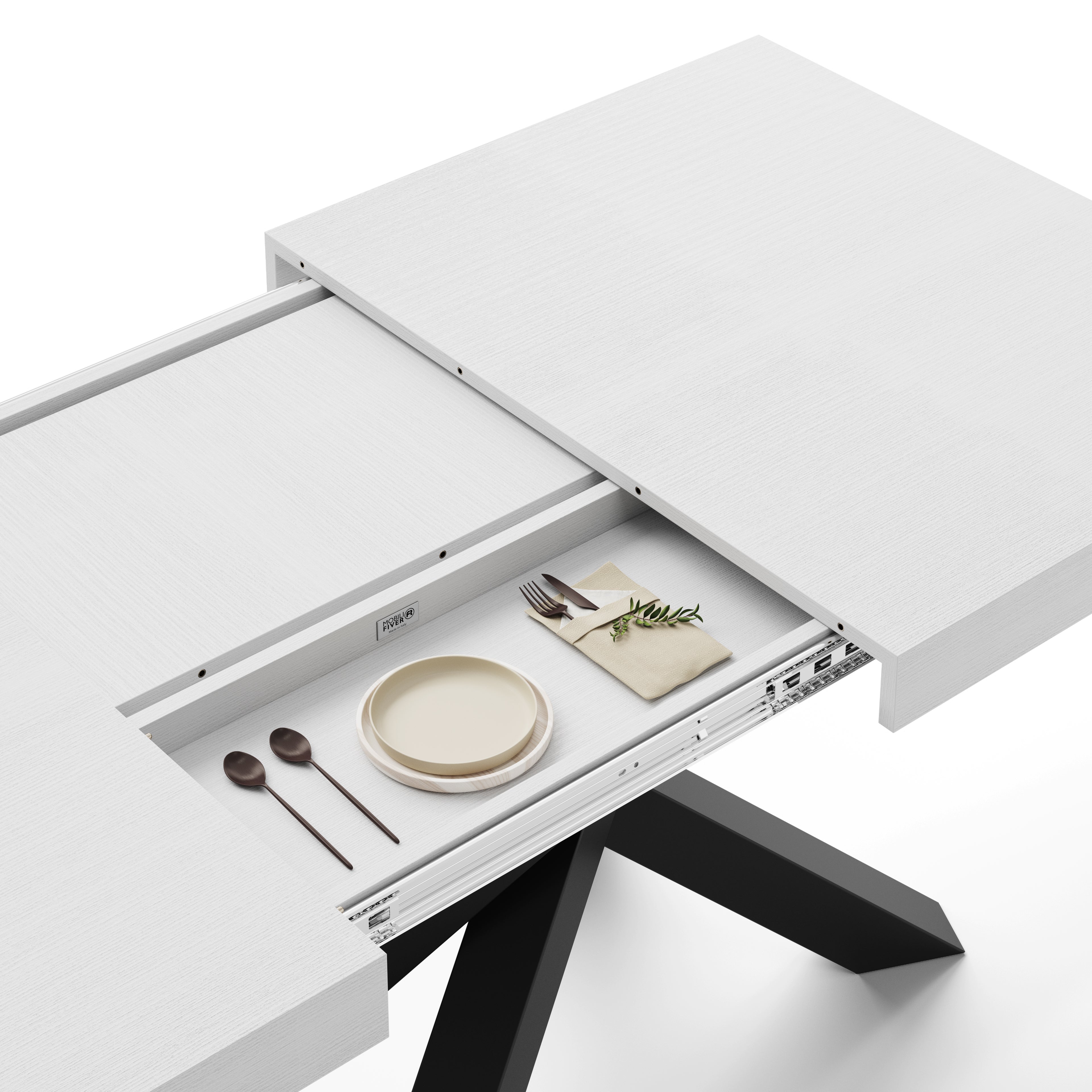 Emma 140(220)x90 cm uitschuifbare tafel, wit essen met zwarte kruispoten