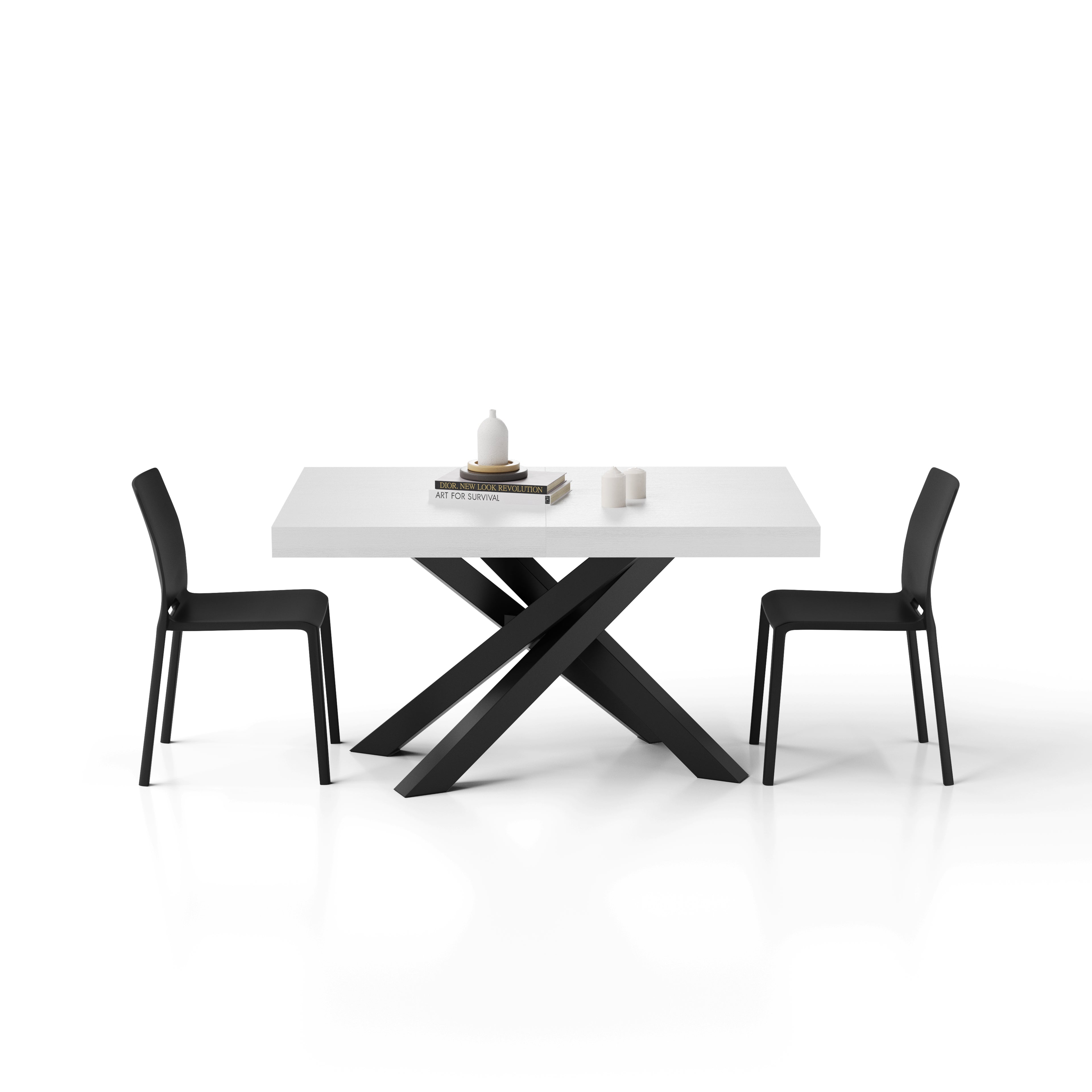 Emma 140(220)x90 cm Extendable Table, Ashwood White with Black Crossed Legs