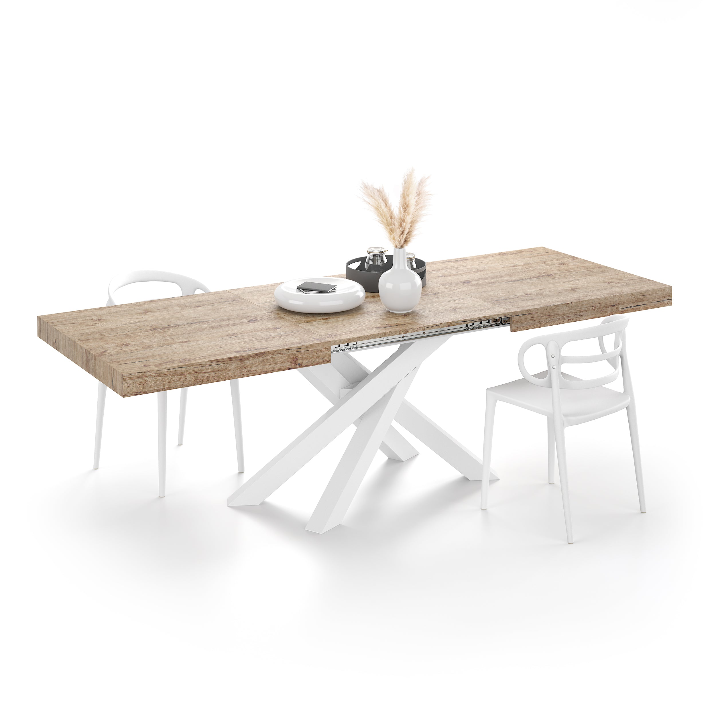 Emma 160(240)x90 cm Extendable Table, Oak with White Crossed Legs
