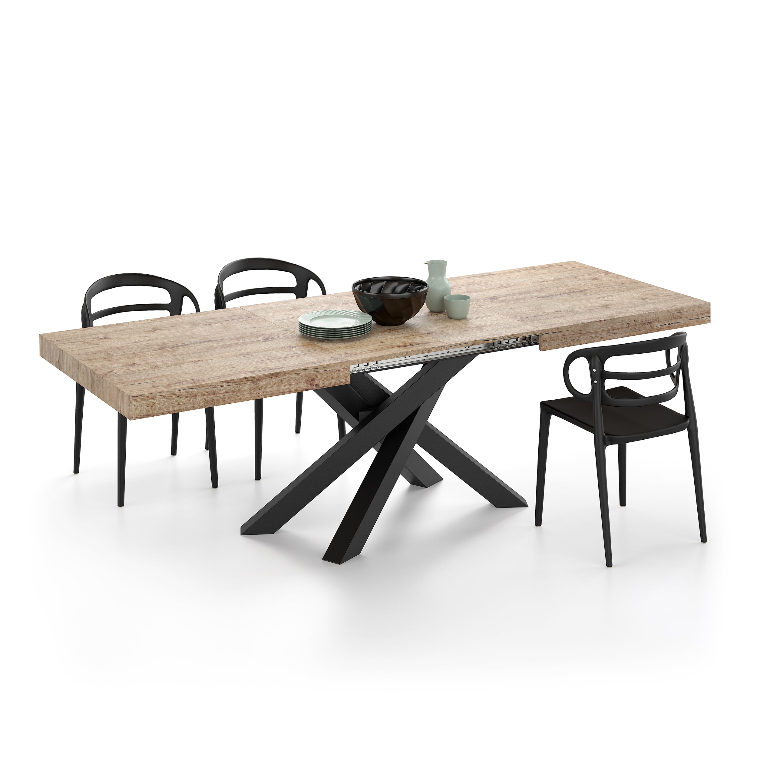 Mesa extensible Emma 160(240)x90 cm, color encina con patas cruzadas negras